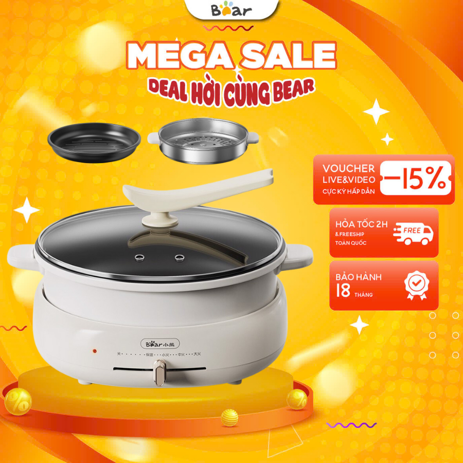 Nồi lẩu điện đa năng 3 in 1 dung tích 4L Bear DHG-C40W2, 1500W, Kèm khay nướng- Lồng hấp,BH 18 ...