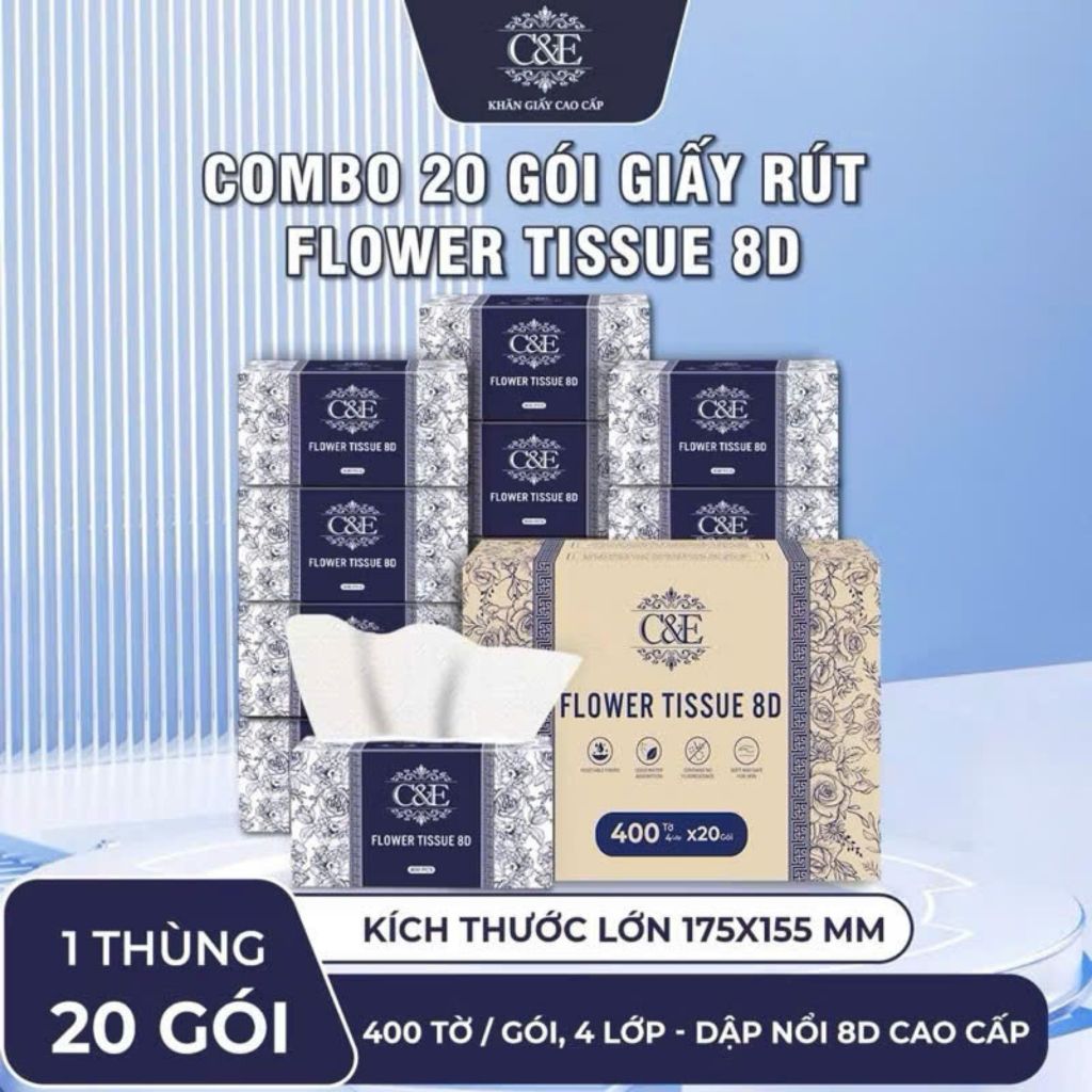Thùng 20 Gói Giấy Ăn Siêu To 400 Tờ 4 Lớp C&E Flower Tissue 8D Hoa Xanh ...