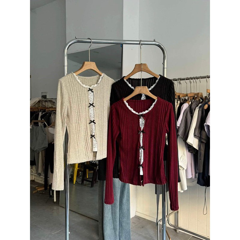 Áo len mỏng cổ tròn pha ren đính nơ Nana Nana21 A6549 | Shopee Việt Nam