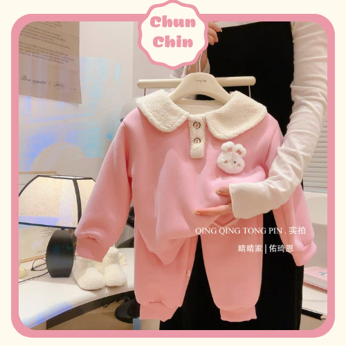 S146 Chun Chin | Set Nỉ Hồng Lót Lông Cổ Lông Trắng Đính Thỏ Cho Bé Gái ...