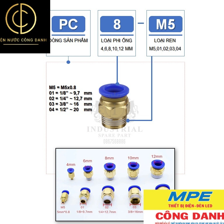 Đầu nối nhanh khí nén PC8 Series. Ống 8 mm, đủ các loại ren cho cút nối ...