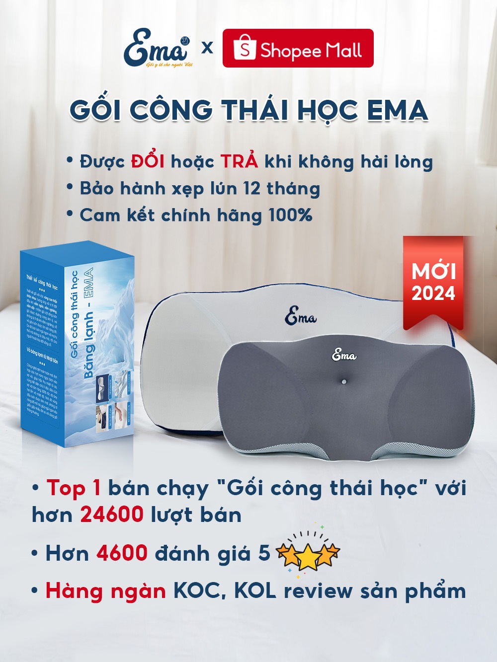 Gối công thái học EMA - Thiết kế cho mọi tư thế ngủ, chống đau vai gáy ...