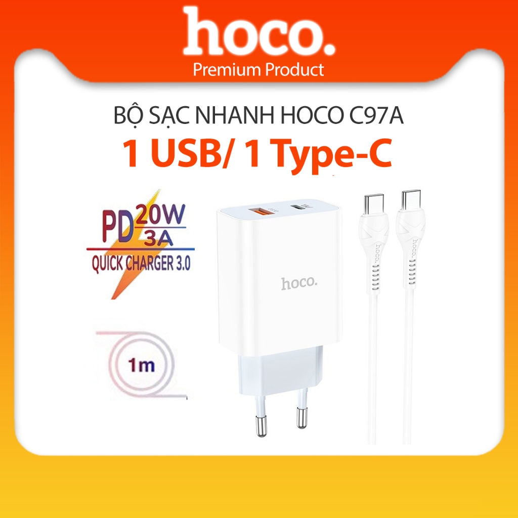 Bộ sạc nhanh PD20W/3.0A Type-C to Type-C Hoco C97A chân tròn cổng USB /Type- C dây dài 1M ...