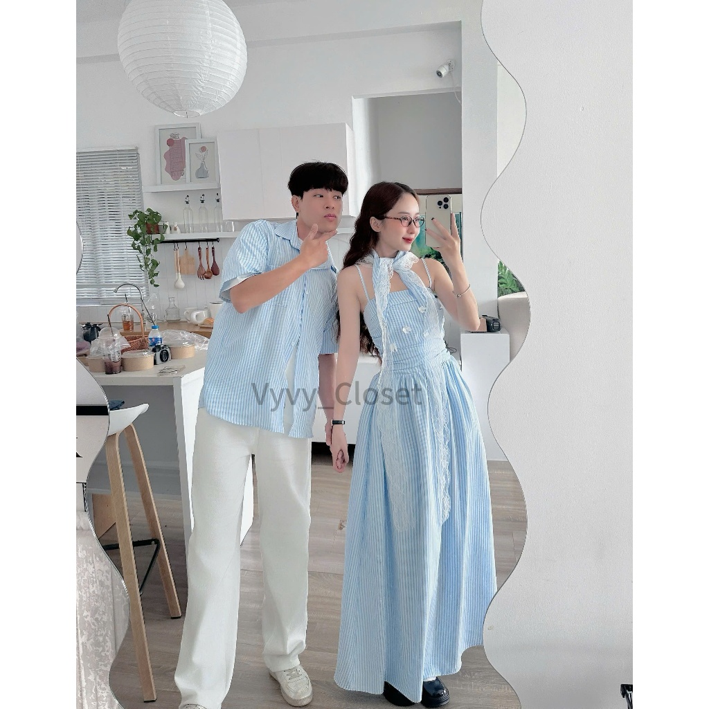 [ VYVY COSET] Cặp áo đôi nam nữ xanh pastel Áo sơ mi tay ngắn Và Váy ...