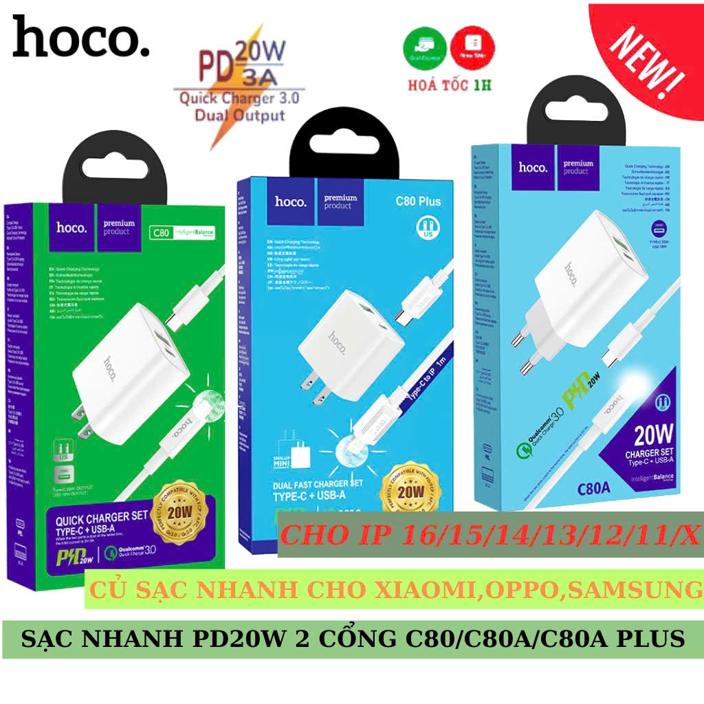 Bộ Sạc Nhanh Hoco C80 hỗ trợ sạc nhanh PD 20W (QC3.0) 2 Cổng USB Và Type C Kèm Cáp Type-C To L ...