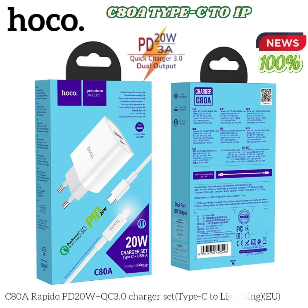 Bộ Sạc Nhanh Hoco C80A, Hỗ trợ sạc nhanh PD 20W (QC3.0) 2 Cổng USB Và Type C (HÀNG CHÍNH HÃNG ...