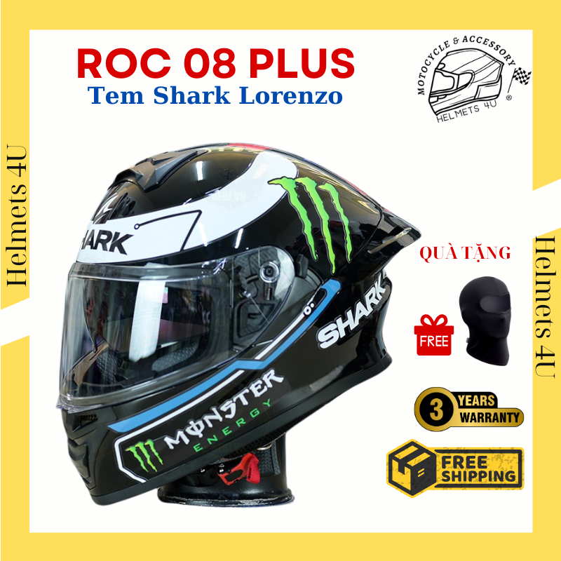 Mũ fullface ROC 08 plus dán tem decal Shark Lorenzo có sẵn đuôi gió ...