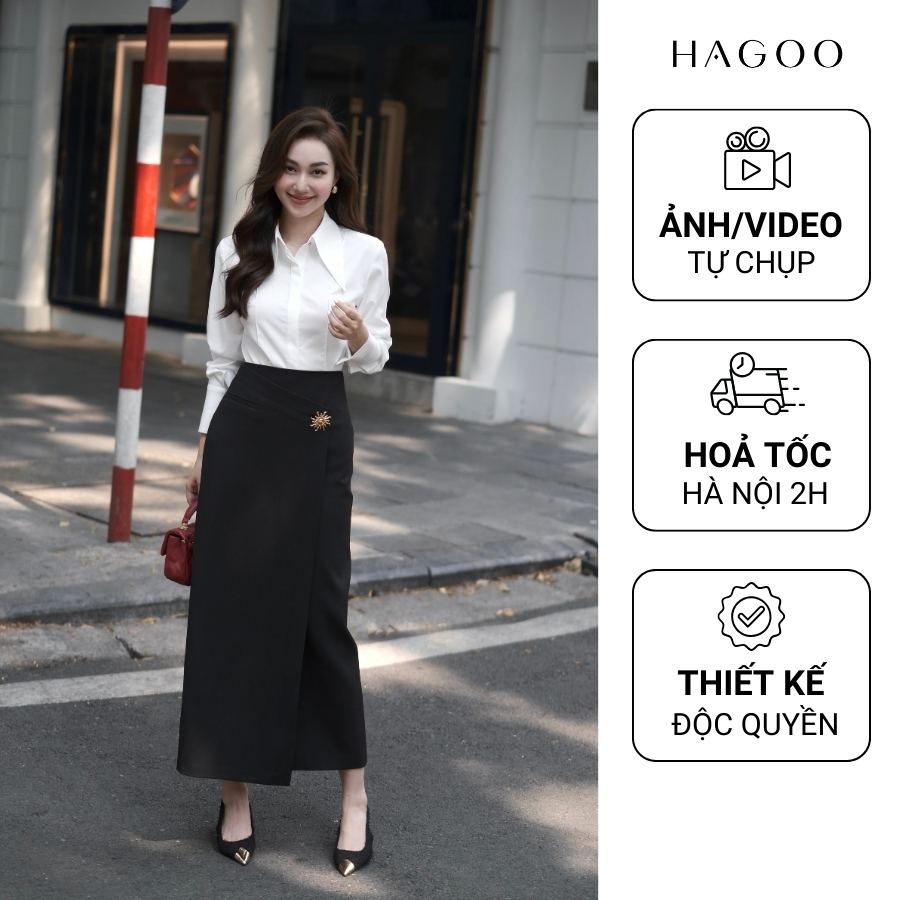 Chân váy nữ dáng dài công sở HAGOO màu Đen mix khuy mặt trời trẻ trung thanh lịch [ CV473 ...