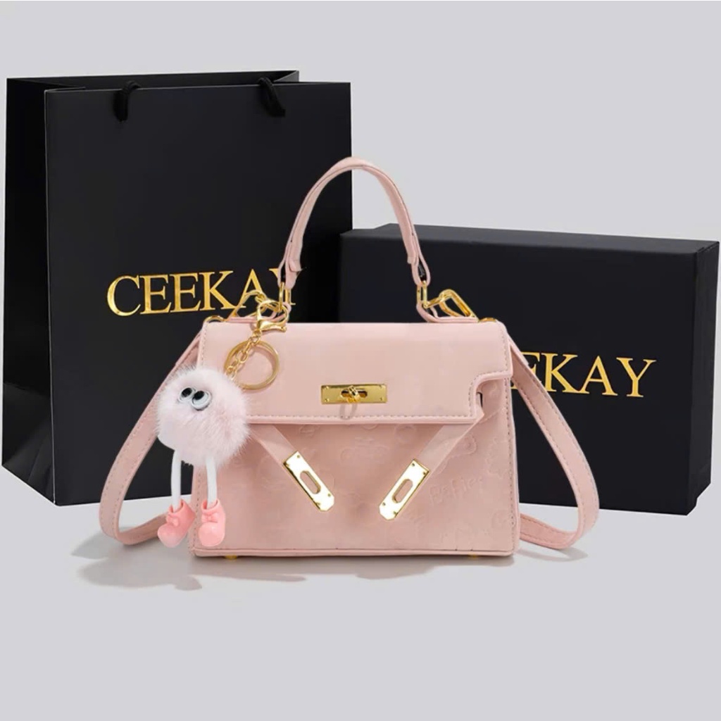 Túi Xách Ceekay Chính Hãng - Túi Da Đeo Chéo Dập Vân Nổi Khóa Gập Phối Móc Gấu Cute Đường Chỉ Tỉ ...