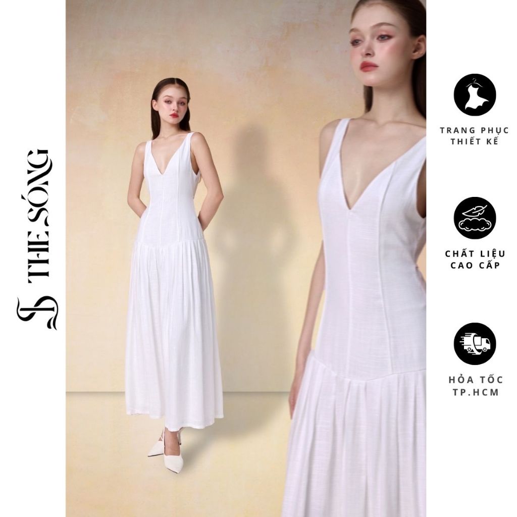 Đầm Dài Trắng Cổ Hở Sâu Thắt Eo Quyến Rũ, Nữ Tính - THESÓNG- ÉLODIE DRESS - Thiết kế Xếp Li Cao ...
