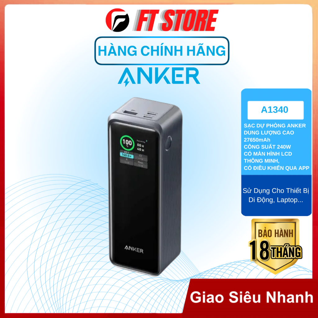 Pin Dự Phòng Cao cấp Anker Prime A1340 27.650mAh Công suất cao 250W 3 cổng 2C1A Smart LCD hỗ trợ ...