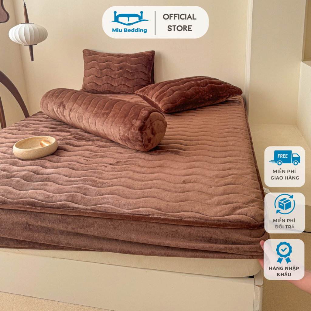 Bộ Ga Gối Nỉ sóng trần bông dày dặn - Bộ 4 món nỉ nhung Vỏ gối, Ga nệm, Vỏ ôm tất cả trần bông ...