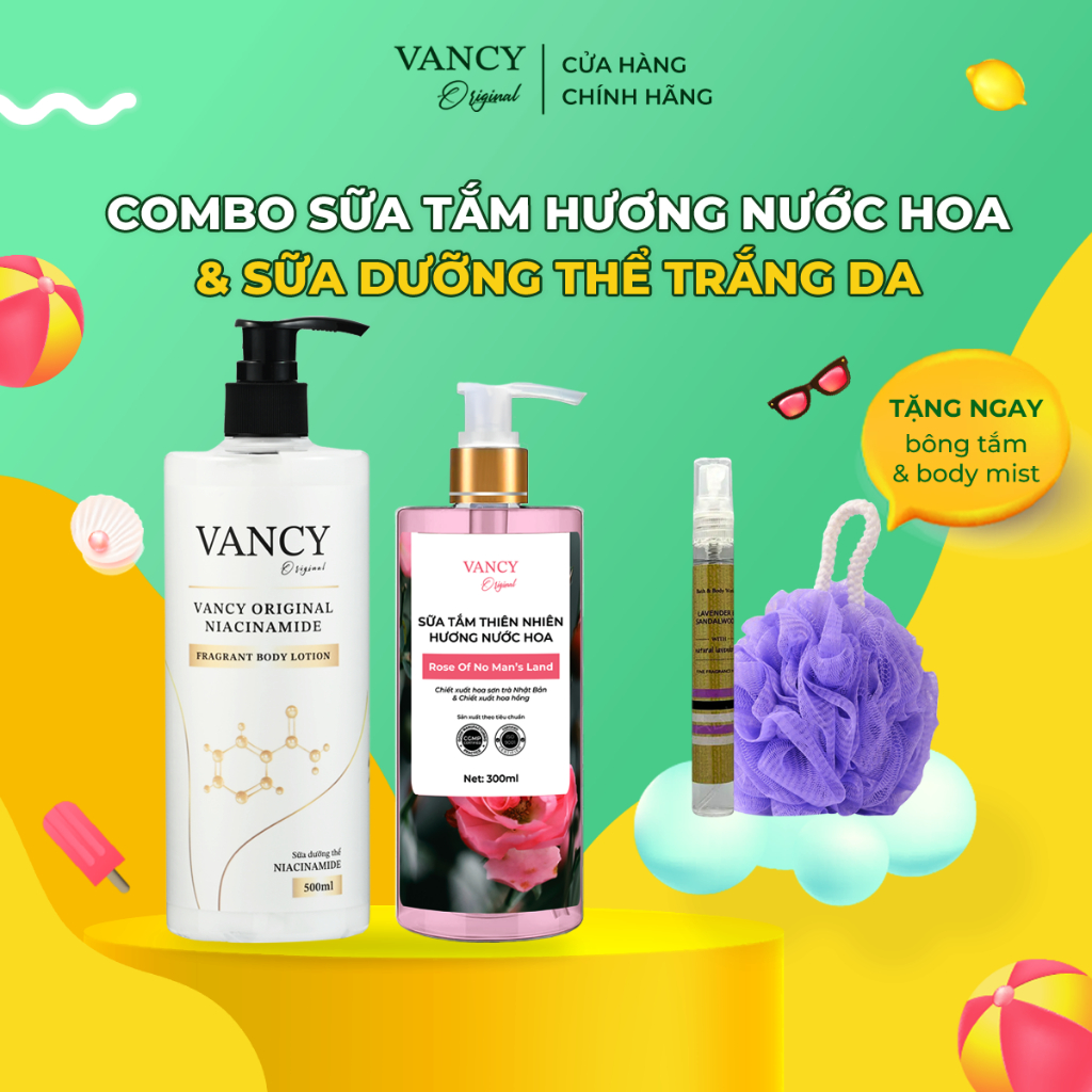 Combo Sữa Dưỡng Thể Trắng Da Niacinamide, Sữa Tắm Thiên Nhiên Hương Nước Hoa 300ml, VANCY ...