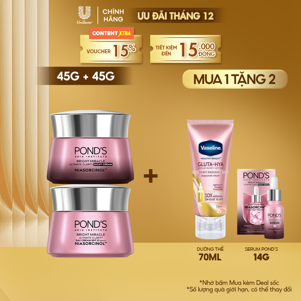 Combo Kem dưỡng sáng da đa tầng ngày & đêm Pond's Bright Miracle mờ thâm sạm với 50X Niasorcinol ...