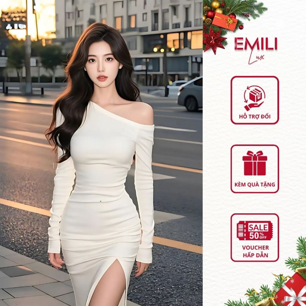 Đầm body lệch vai dài tay Emili đầm thun body xẻ tà phong cách kiểu nữ [V394] | Shopee Việt Nam