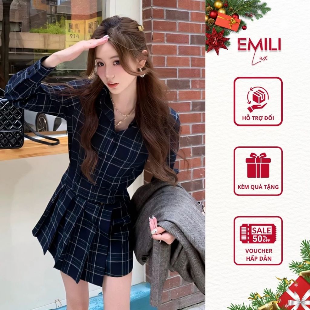 Đầm sơ mi kiểu nữ kẻ sọc Emili đầm sơ mi dài tay cổ bẻ chân vấy xếp ly ...