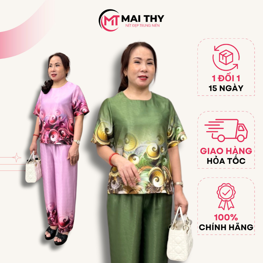 Bộ Đồ Trung Niên Nữ S587, Set Lụa MAI THY Quần 9 Tấc Cho Mẹ Tay Ngắn Cổ Tròn Viền Hoa 3D Sang ...