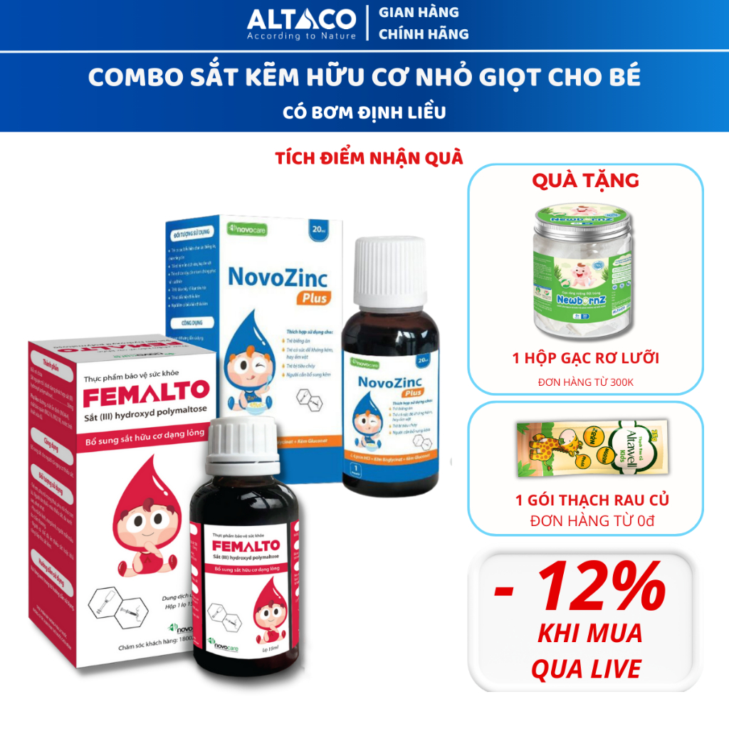 Combo sắt kẽm hữu cơ Femalto Novozinc cho bé ăn ngon, tư duy logic ...