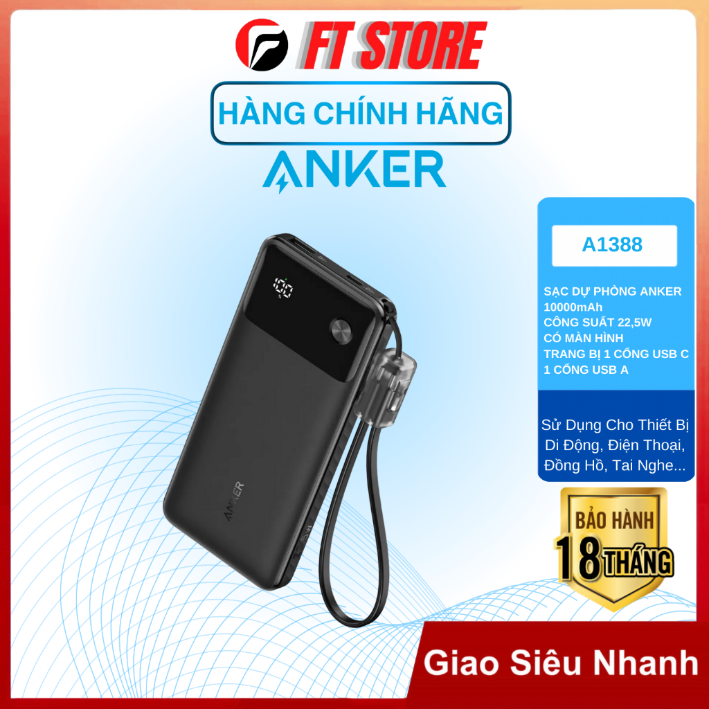 Sạc dự phòng Anker A1388 10000mAh sạc nhanh 22.5W PD QC3.0 tặng kèm cáp type C to Type C - bh ...