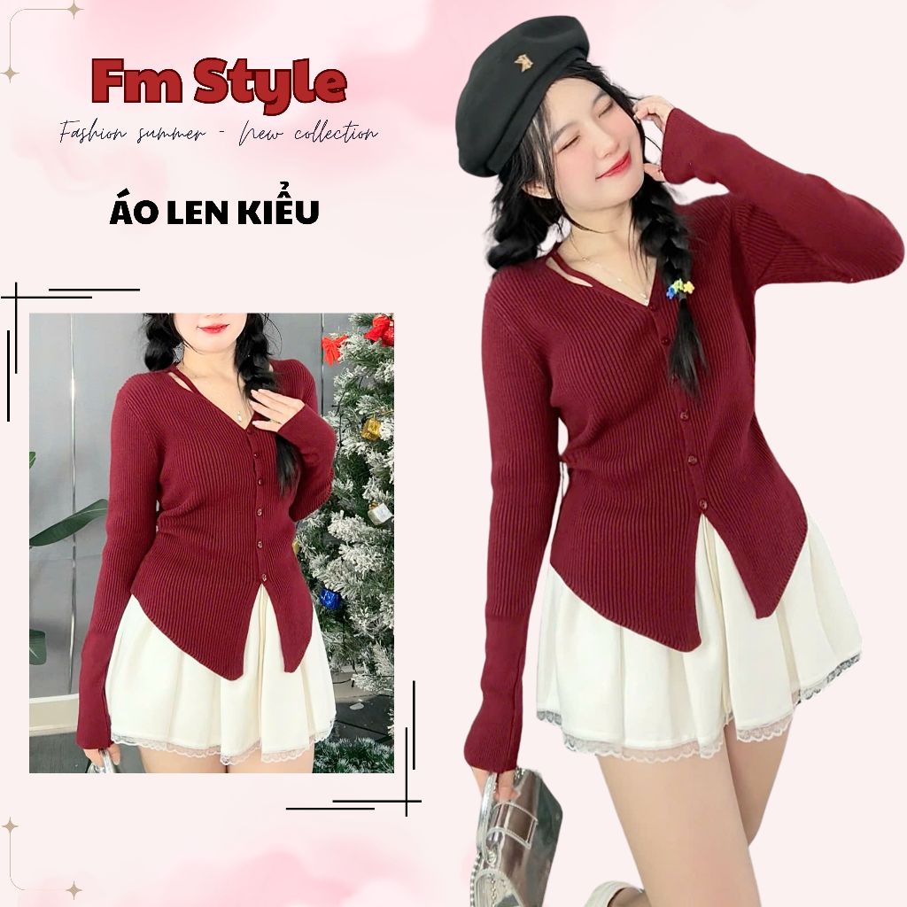 Áo len cổ tim nữ FMSTYLE khoét tay dài nhún eo 6nút chất len siêu mịn ...