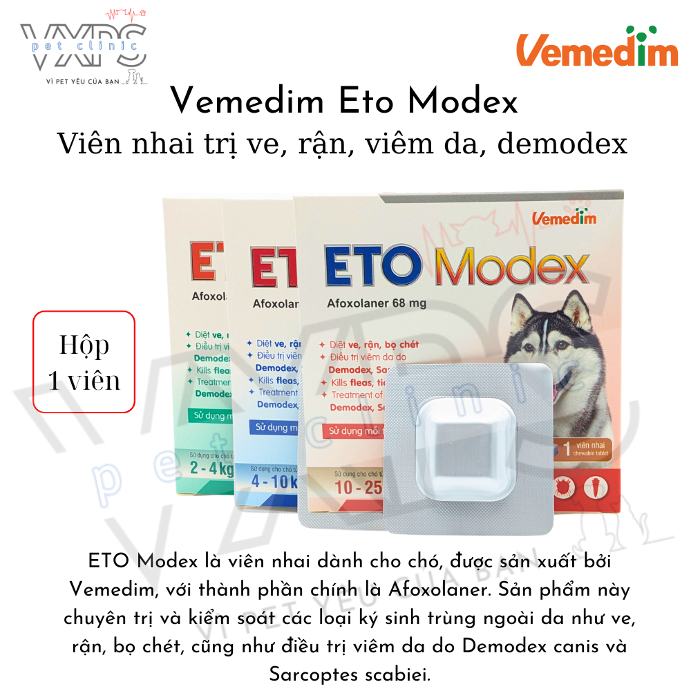 [1 viên có hộp] Eto Modex - Viên nhai phòng ve, rận, viêm da, ghẻ do ...