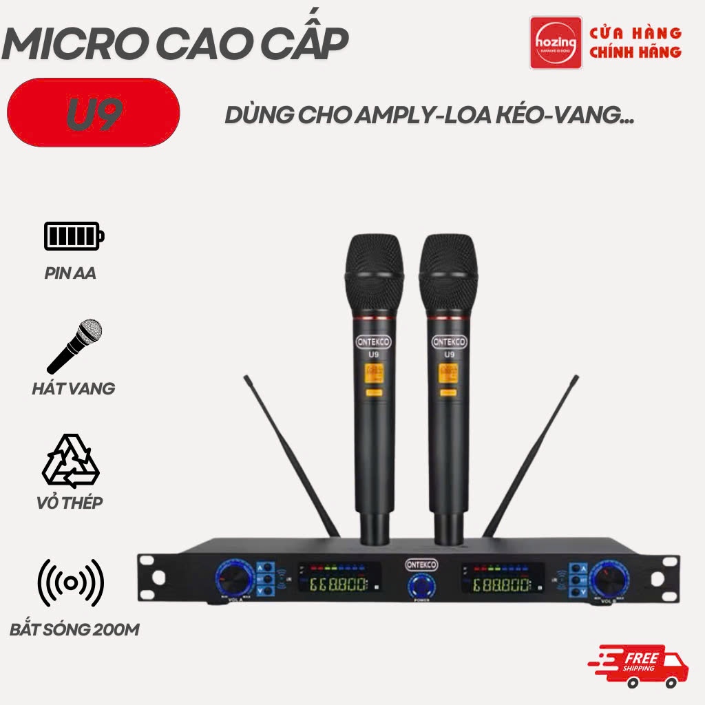 Mic không dây karaoke chuyên nghiệp ONTEKCO/HOZING U9/U10 kim loại, dò tần số,dùng cho âm ly ...