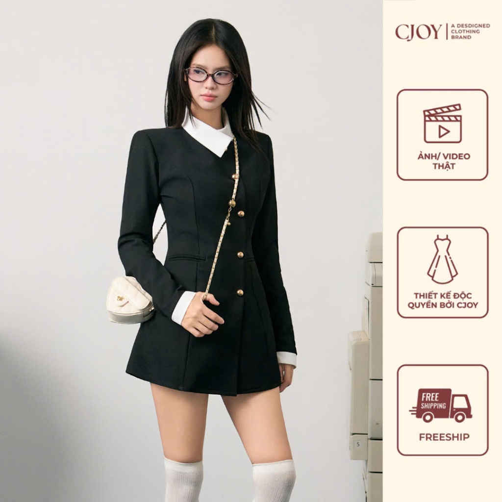 Váy đầm tiểu thư có đệm vai CJOY thiết kế dài tay mix cổ trắng cách ...