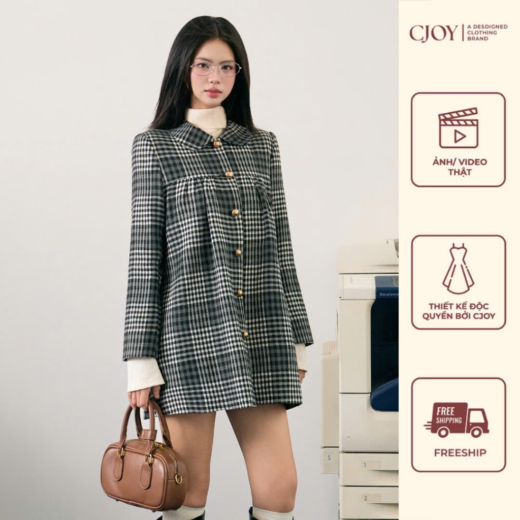 Váy đầm kẻ cổ sen CJOY có đệm vai chất dạ dáng bồng thiết kế cá tính sang chảnh Elara Dress ...