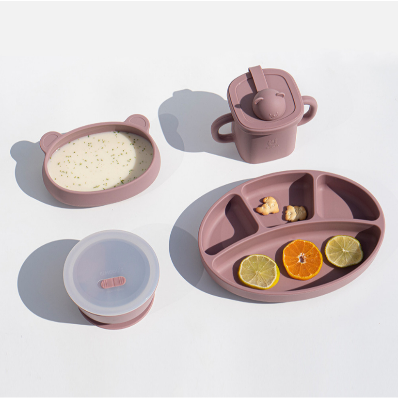 [COMBO] Khay ăn dặm oval đế hít 4 ngăn & Khay gấu đế hít & Bát đế hít & cốc gấu Silicone Bạch ...