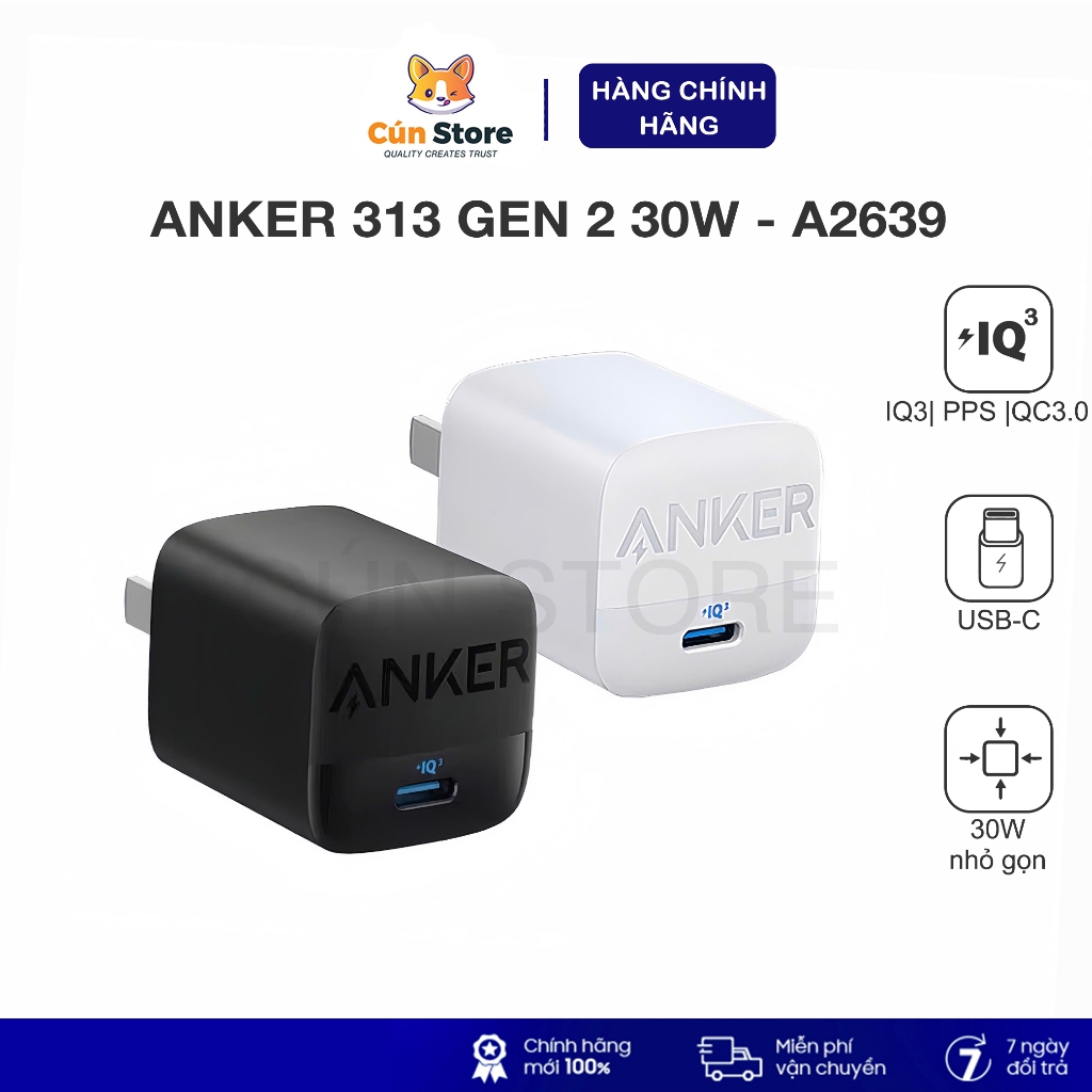 Củ sạc Anker 313 GaN 30W hỗ trợ IQ3.0/PD/PPS cho 14Pro/Max chân gập ...