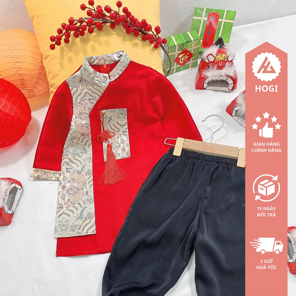 Áo dài cách tân bé trai Hogi phối gấm Long vũ kèm khánh đỏ, áo dài cách ...