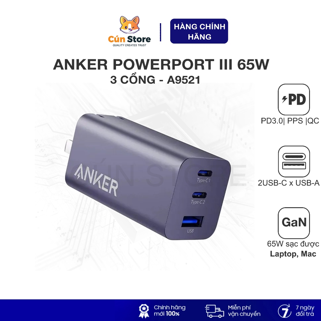 Củ sạc nhanh Anker Powerport III 3 cổng 65W - A9521, hỗ trợ sạc PD/PPS ...