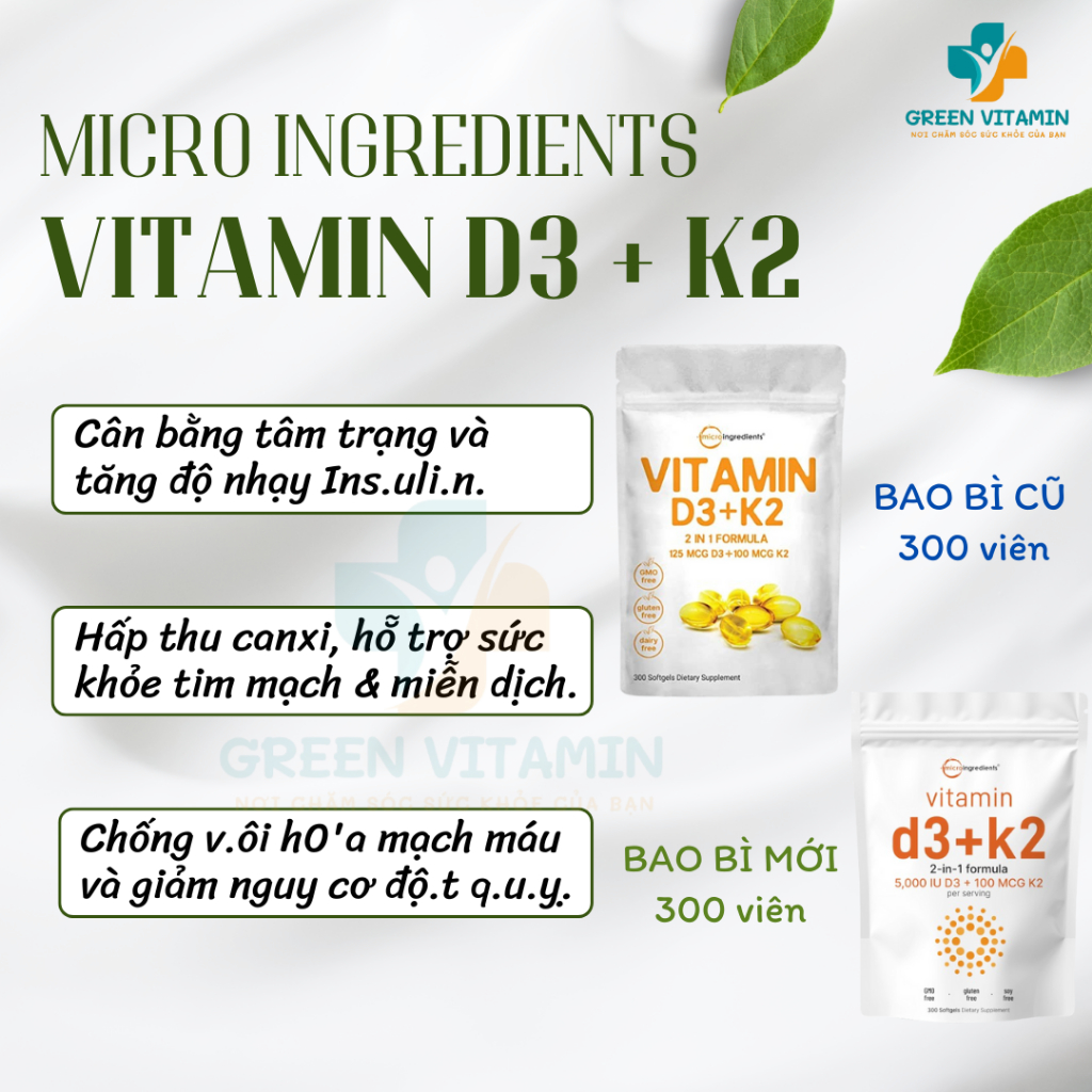 Micro Ingredients Vitamin D3 5000IU K2 MK7 100MCG - Viên uống D3 K2 hỗ ...