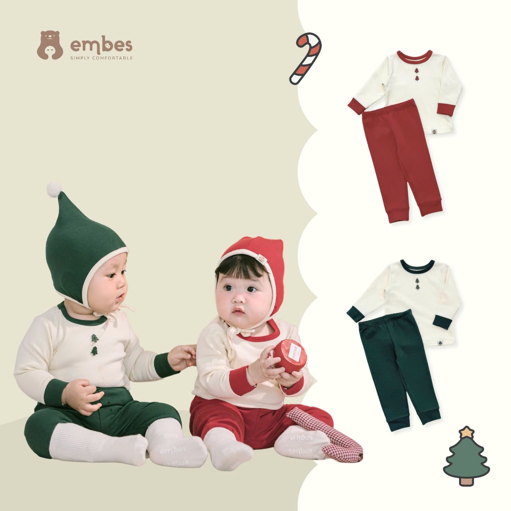 Bộ NOEL Cho Bé Embes, Bộ Dài Tay Thu Đông Đính Khuy Cây Thông Giáng ...