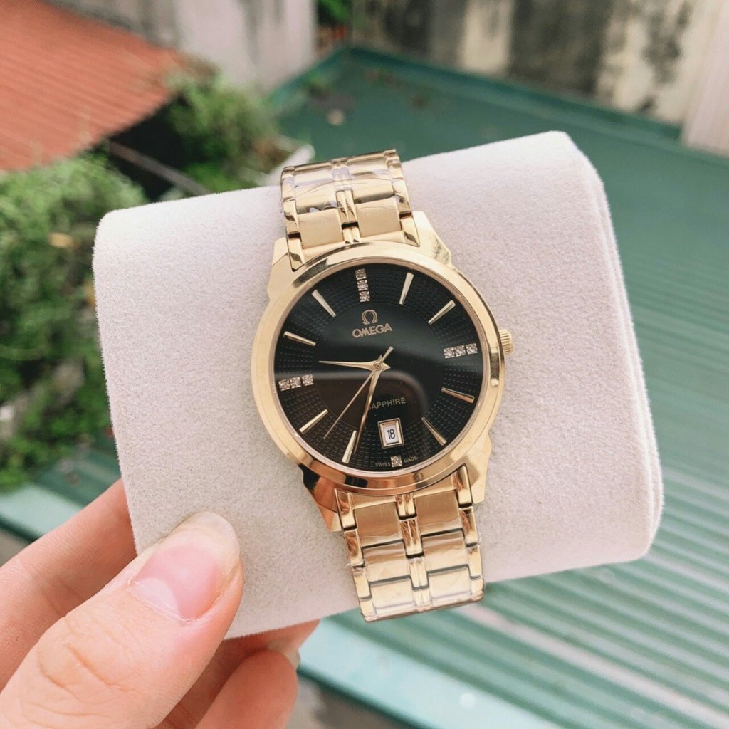 Đồng Hồ Nam Omegar Sapphire Mặt Đen vỏ Vàng chống xước chống nước Pin ...
