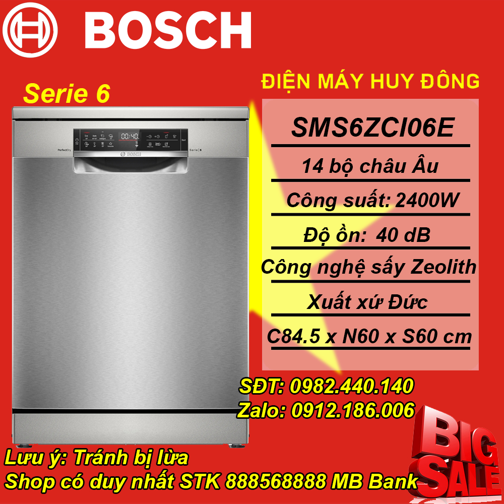 Máy rửa bát Bosch seri 6 SMS6ZCI06E , lắp đặt độc lập, sấy Zeolith ...