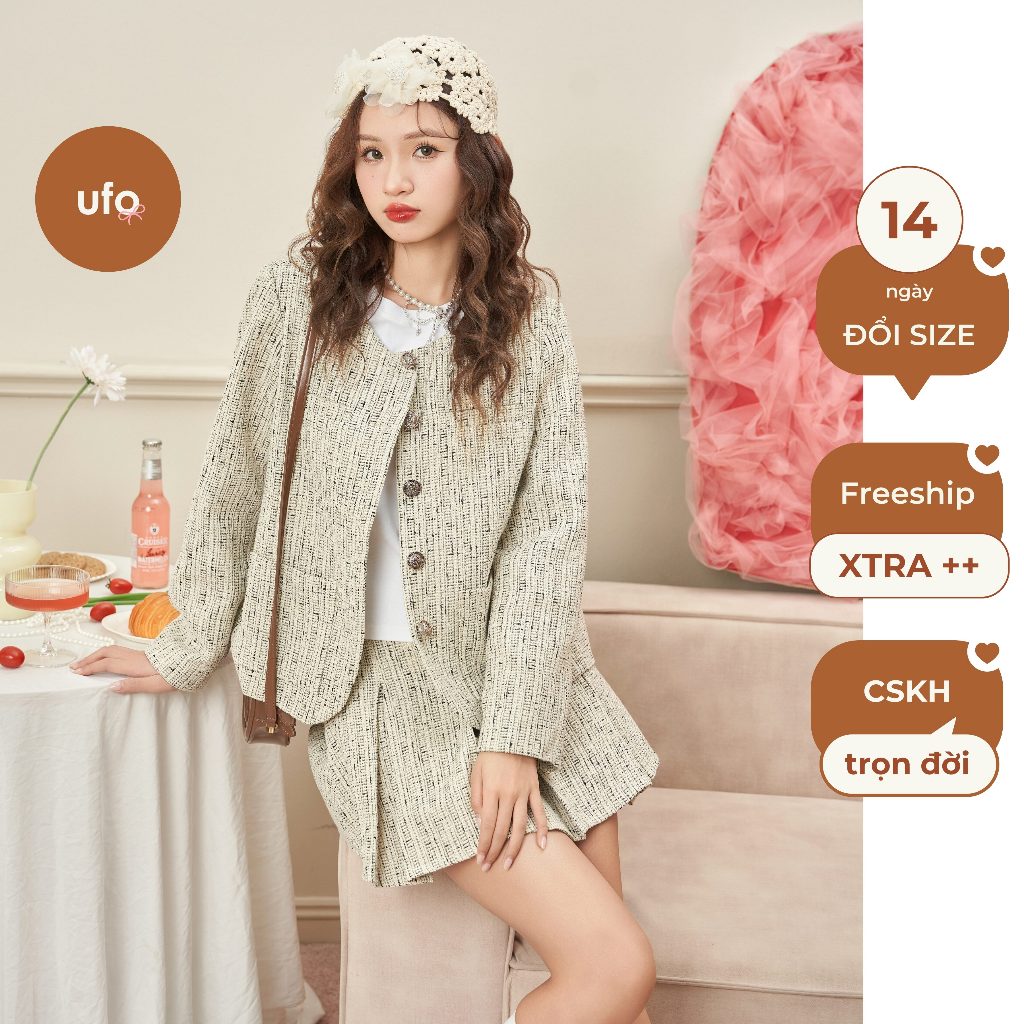 [Pampi Set] Áo khoác tweed 2 lớp dày dặn Pampi | Chân váy xòe xếp li ...