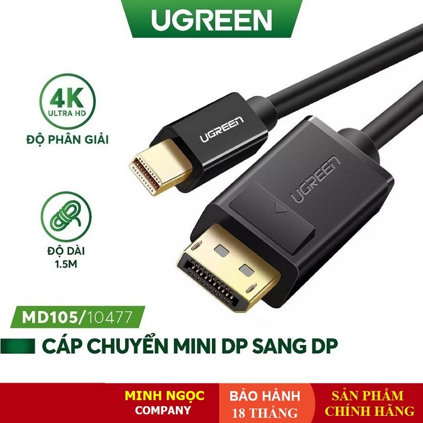 Dây cáp Mini DisplayPort to Displayport dài 1,5M Ugreen 10477 hỗ trợ độ phân giải 4k*2k (Màu Đen ...