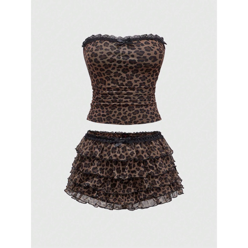 (Sẵn da beo nâu XS) Set Bộ Áo Ống+Quần Short Xếp Tầng Da Beo Phối Ren ...