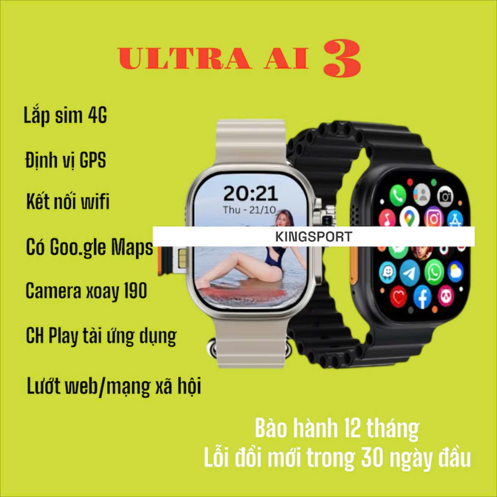 Đồng Hồ Thông Minh Lắp Sim UlTra AI3, Định Vị, Kết Nối Wifi, Tải Ứng Dụng, Lướt Web, Camera Xoay ...