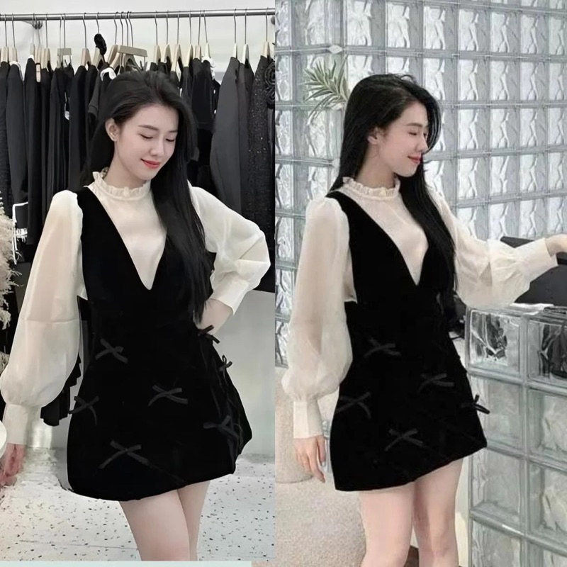 Set Yếm Nhung Cổ V Đính Nơ Hàng 2 Lớp Có Mút Ngực Mix Áo Sơmi Tơ Tay ...