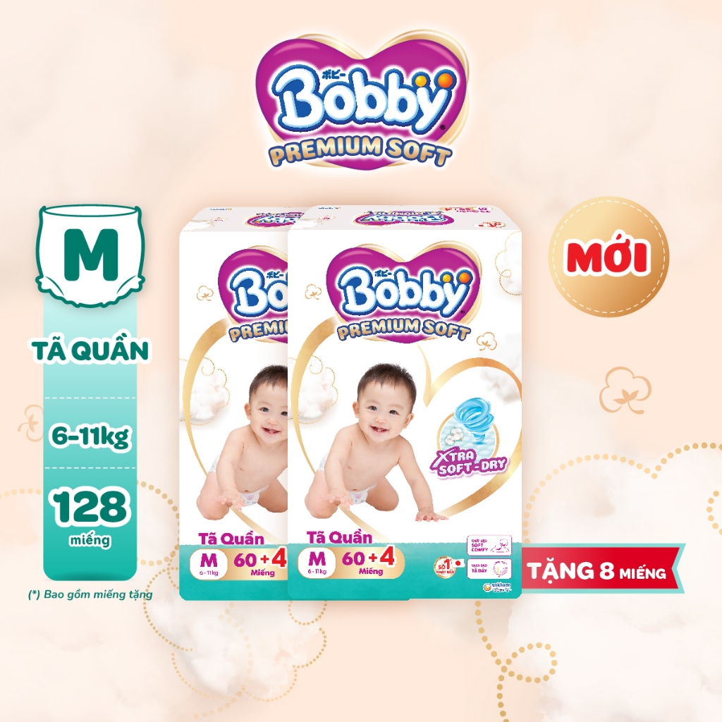 [Tặng 4 miếng] Combo 2 gói tã quần Bobby Premium Soft size M60/L56/XL52 ...
