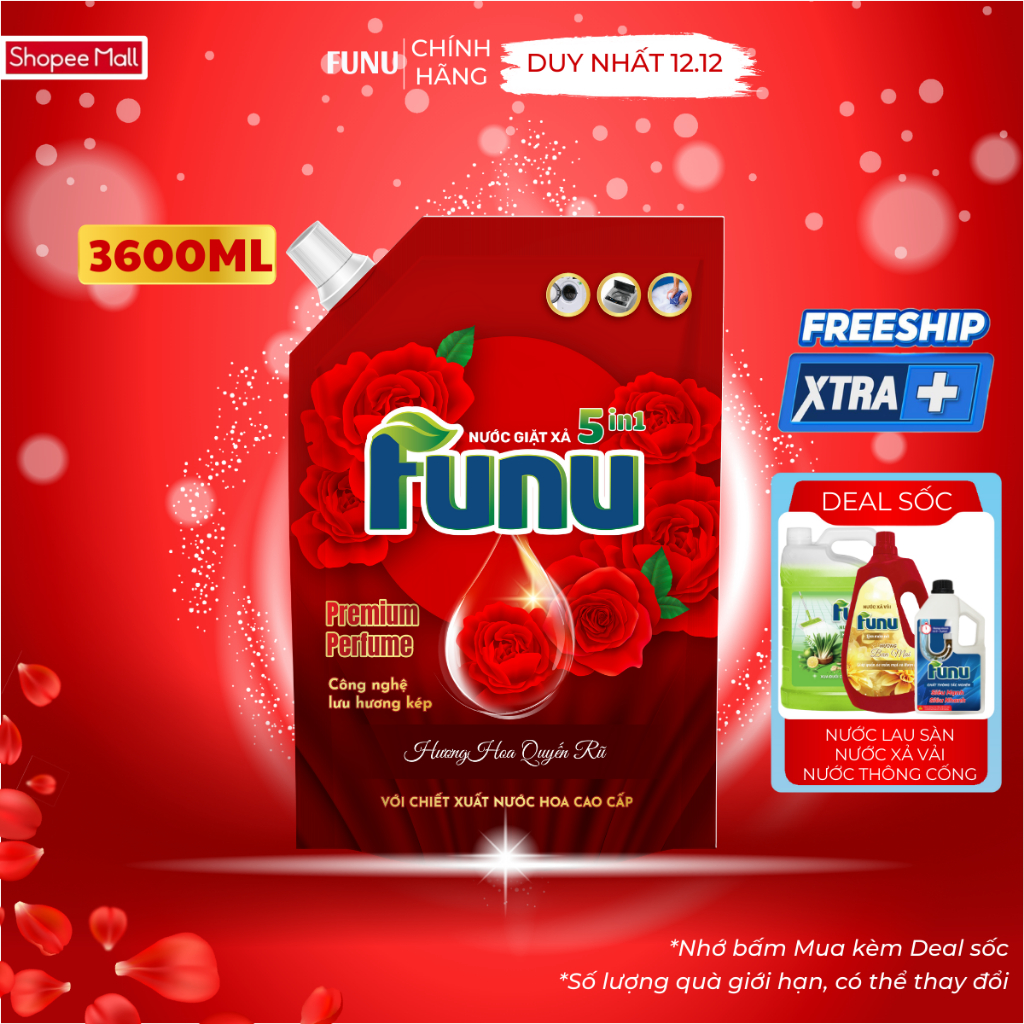 Nước giặt xả Funu cao cấp 3.6 kg đậm đặc hương nước hoa, giặt sạch nhanh lưu hương 24h, màu đỏ ...