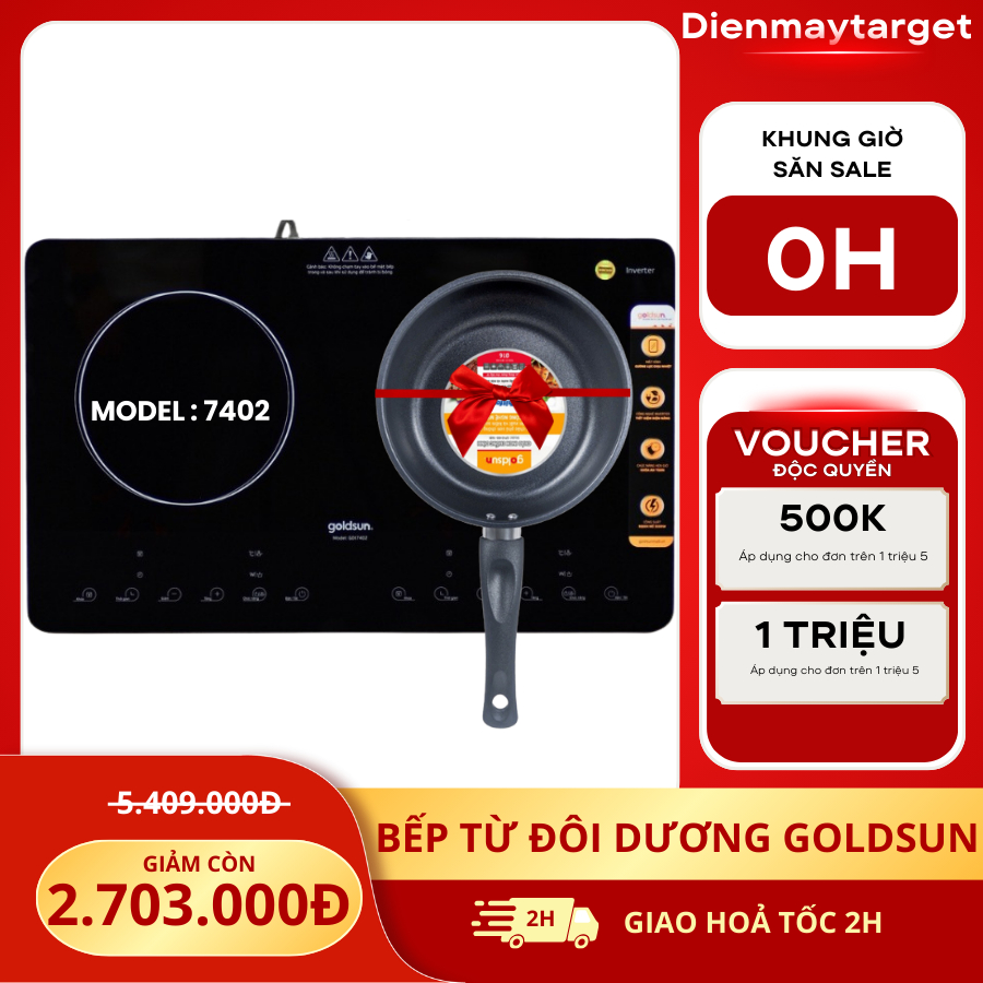 Bếp Từ Đôi Dương Goldsun GDI7402 – Cảm Ứng Tiết Kiệm Điện – Mặt Kính LED–Công Suất 3500W – Tặng ...