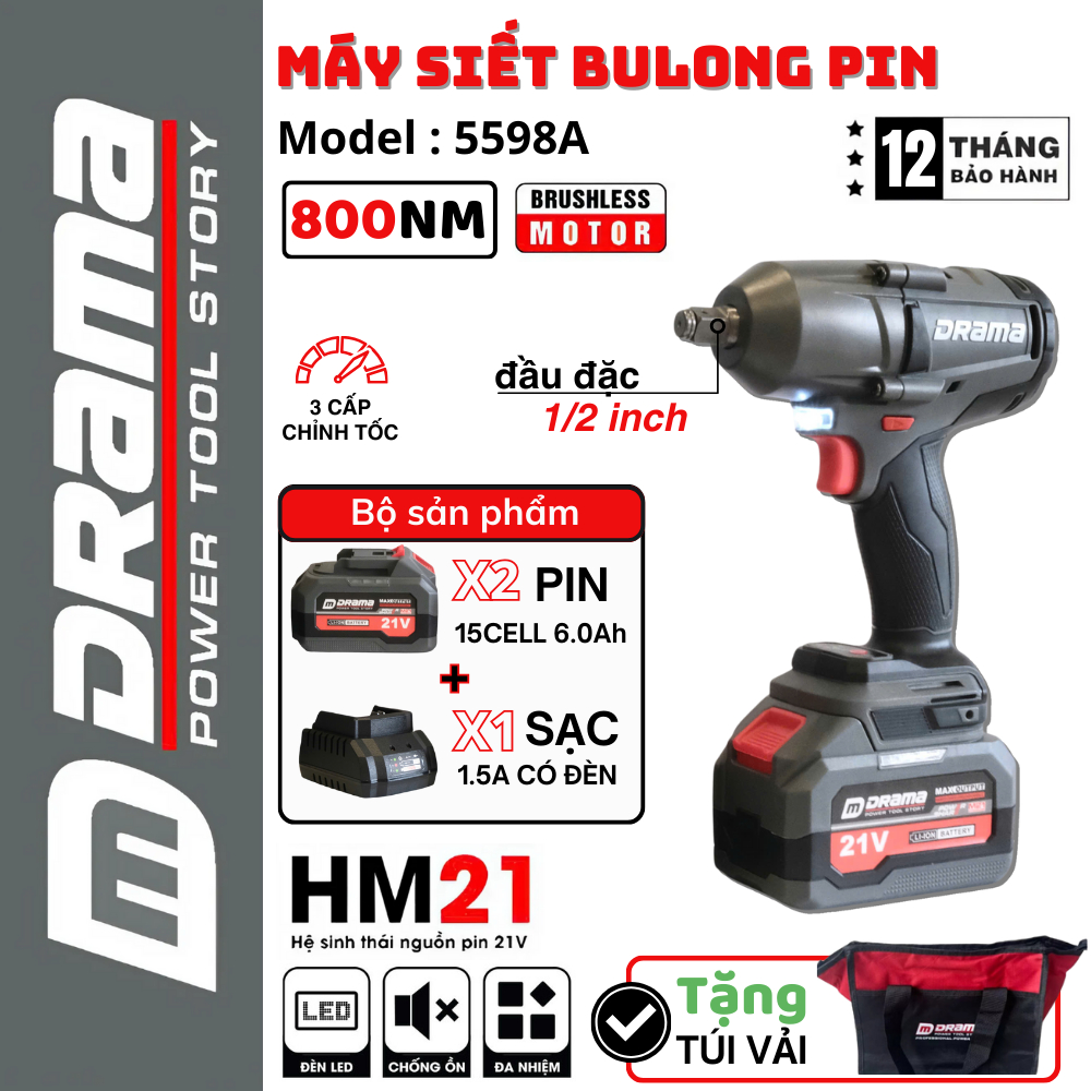 Máy siết bulong pin DRAMA 5598A FLEX, 800Nm, Động cơ Không chổi than, 3 Tốc độ, Đầu T bulong đặc ...