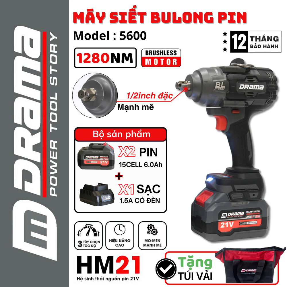 Máy siết bulong Ô TÔ DRAMA D5600 FLEX, LỰC SIẾT 1280Nm, Không chổi than, 3 Tốc độ Chỉnh lực ...