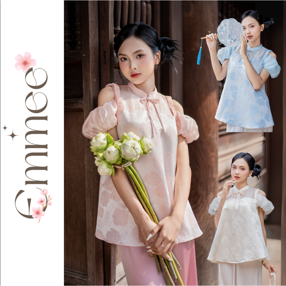 Emmee - Viên Hy - Set cách tân thiết kế Tết, Trễ vai bồng, Gấm hoa nổi ...