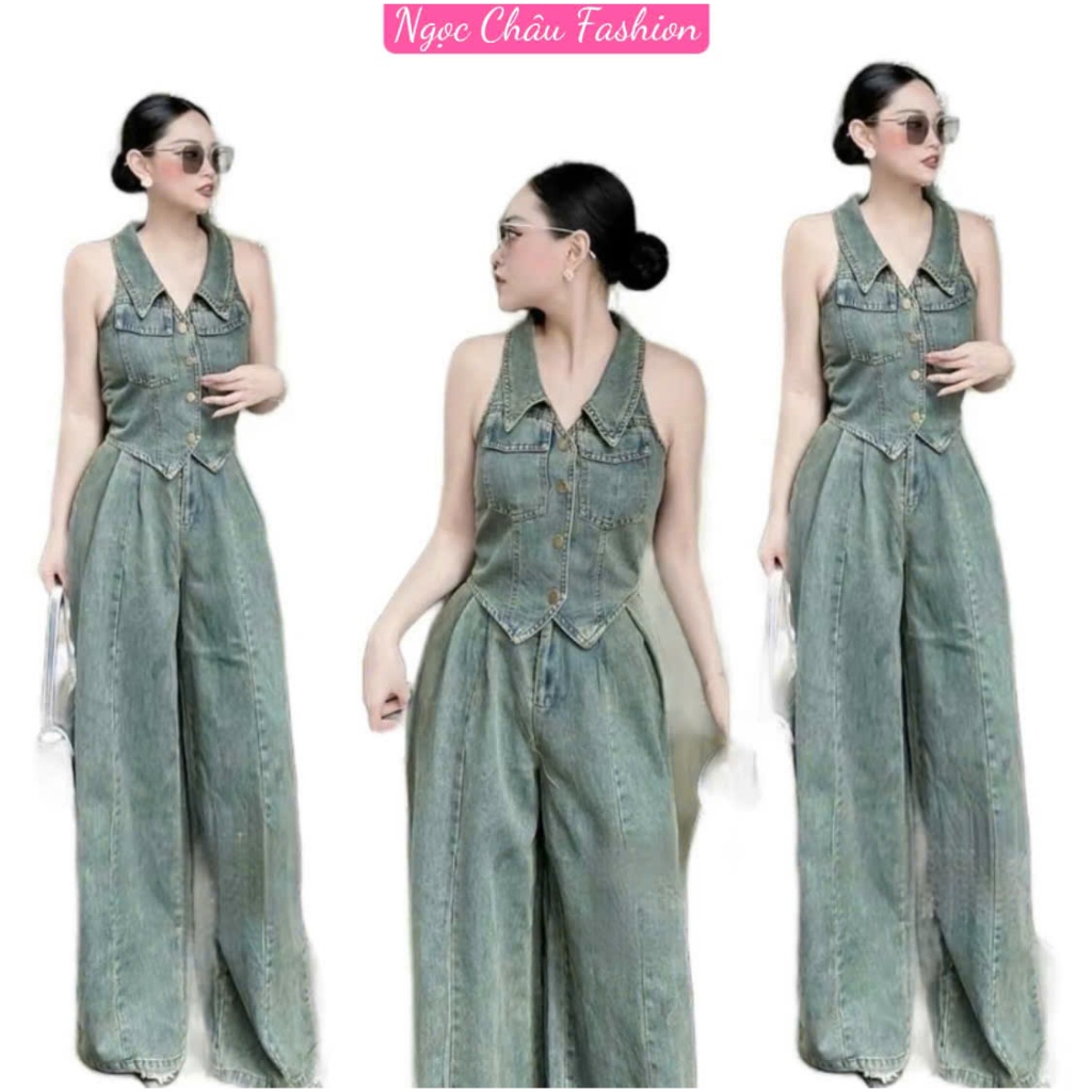 [KÈM ẢNH THẬT] Set bộ jean màu loang áo cổ sơ mi sát nách phối túi+quần ...