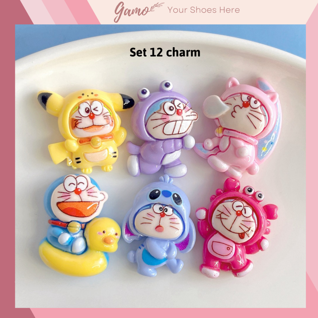 Bộ 12 Sticker, Charm 3D chủ đề Doremon DIY Gamo nhựa cứng gắn Dép Cross ...