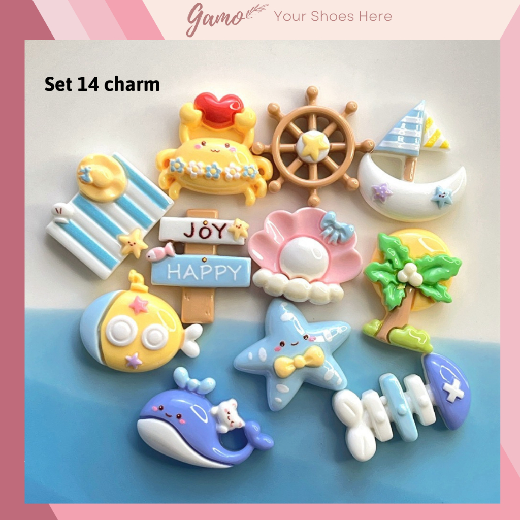 Bộ 14 Sticker, Charm 3D chủ đề bãi biển DIY Gamo nhựa cứng gắn Dép ...